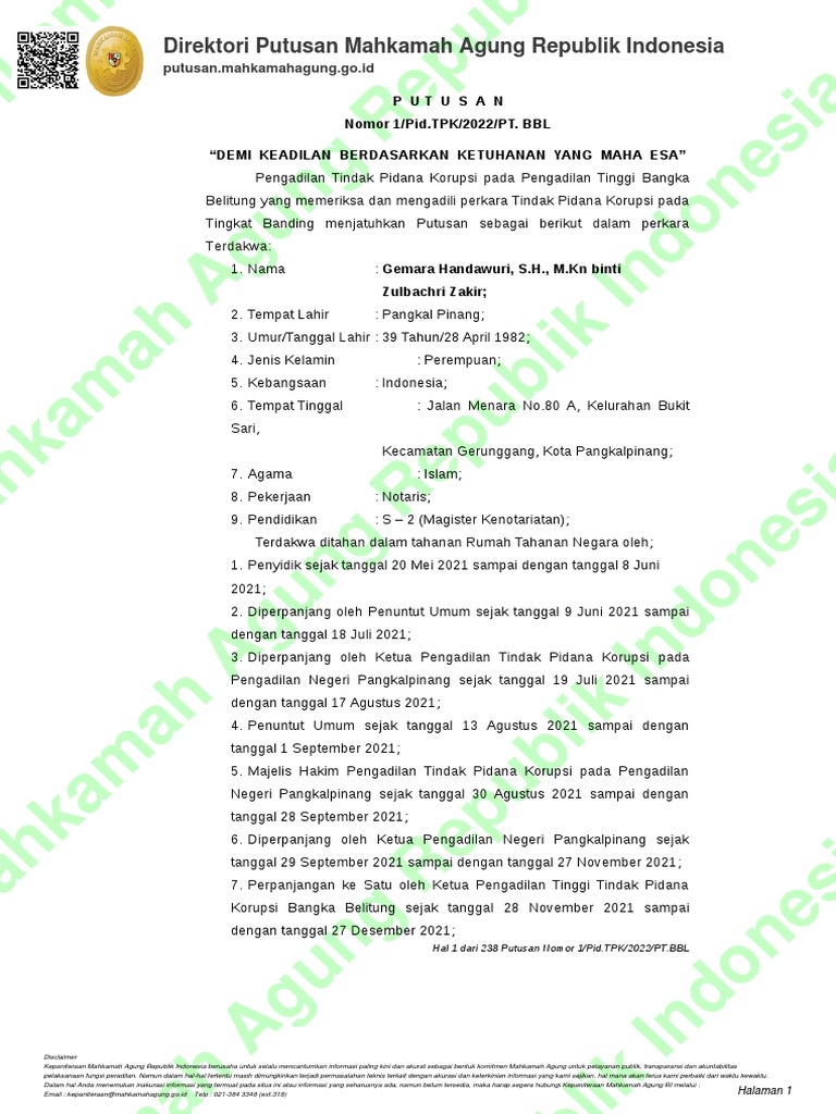 Putusan 1 Pid - TPK 2022 PT BBL 20220324 | PDF