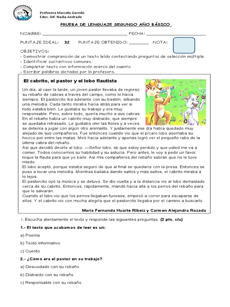 Prueba de Lenguaje Segundo Año Básico | PDF