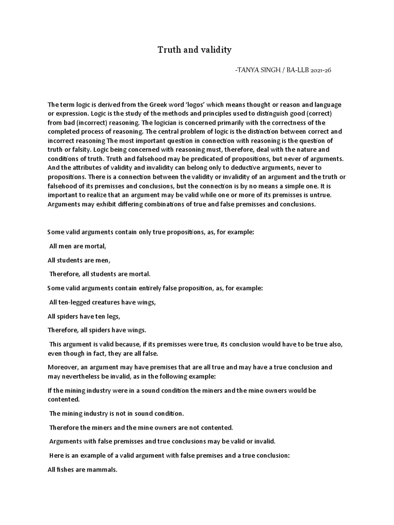 Truth and Validity - TANYA SINGH / BA-LLB 2021-26 | PDF | Argument | Logic