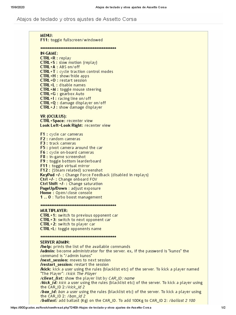 Assetto Corsa Keyboard Shortcuts Guide | PDF | Computing | Software