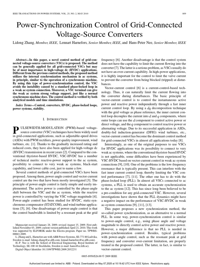 Power Synchronization Contol of Grid-Connected Voltage-Source Converters | PDF | High Voltage ...