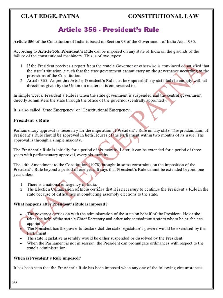 Article 356 - President's Rule: Clat Edge, Patna Constitutional Law ...