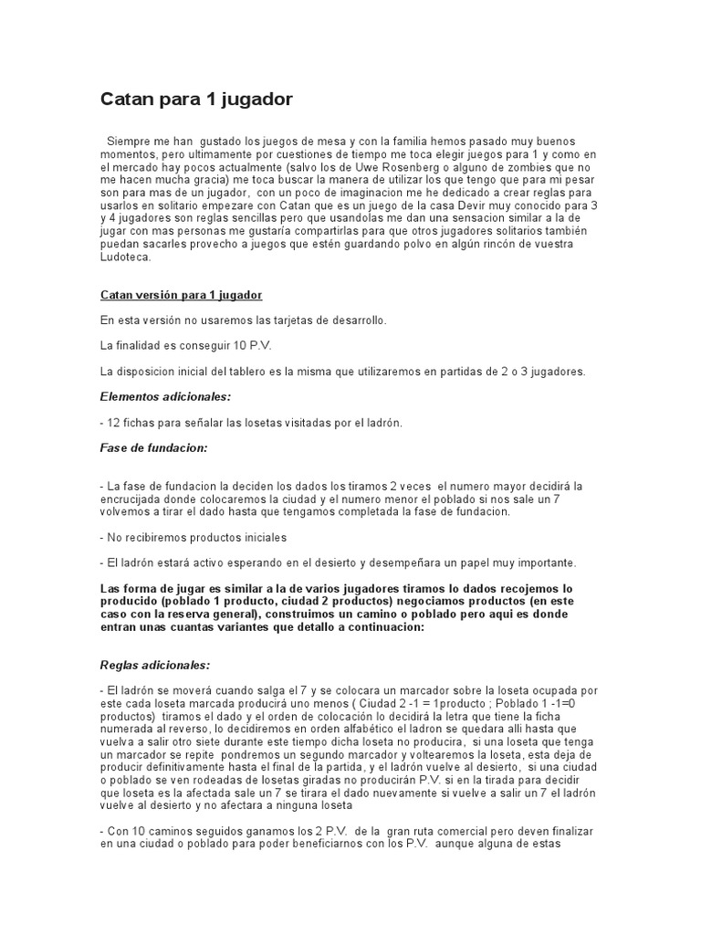 Reglas de Catan para 1 Jugador | PDF