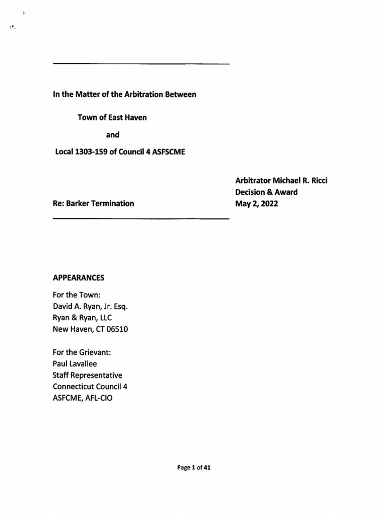 BARKER East Haven Termination Arbitration Decision | PDF