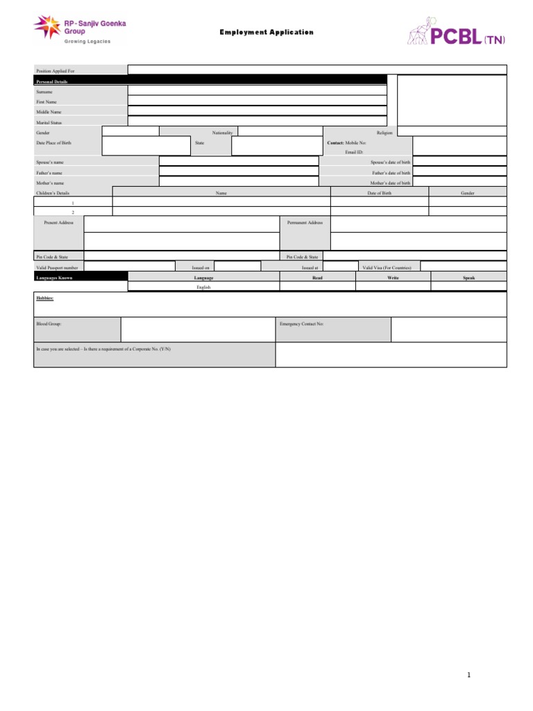 Employee Application Form - PCBL (TN) | PDF | Employment | Employee ...