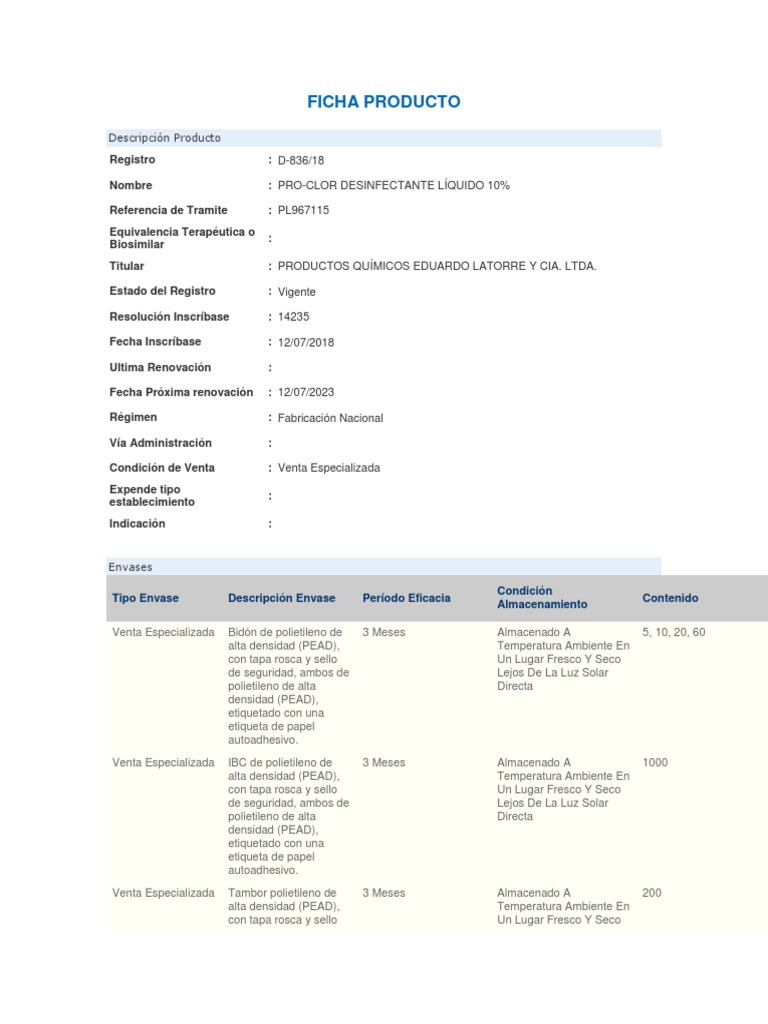 FICHA ISP Pro-Clor 10% | PDF | Hogar, jardinería y bricolaje | Tecnología