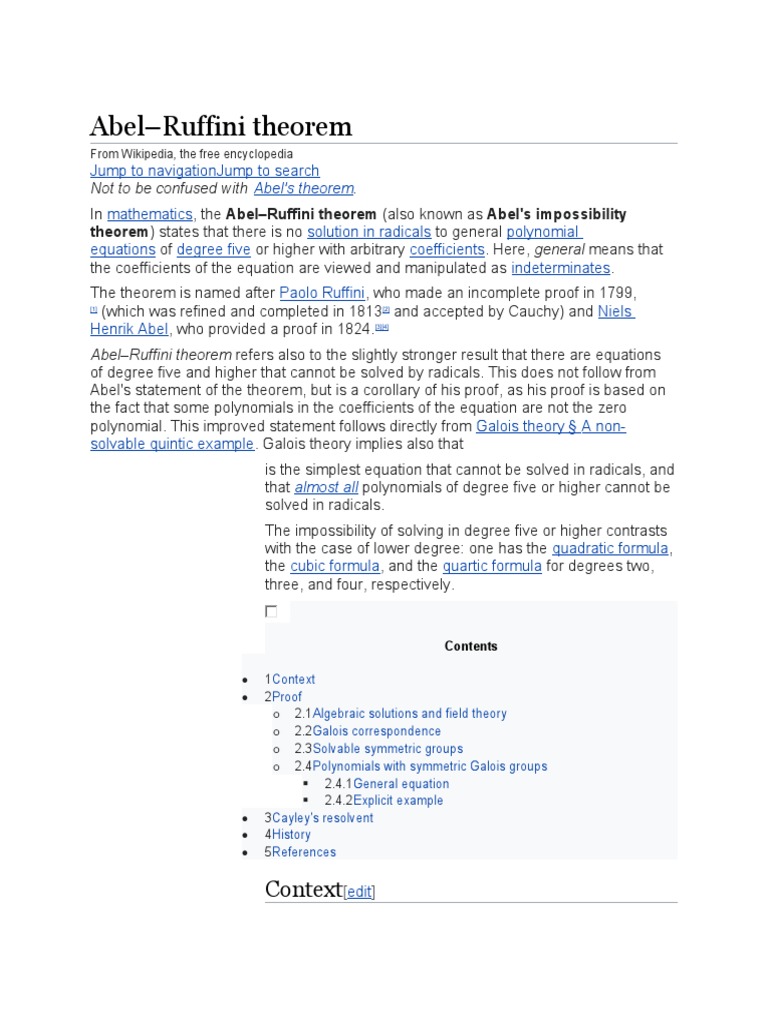 Abel-Ruffini Theorem: Context | PDF | Field (Mathematics) | Group ...