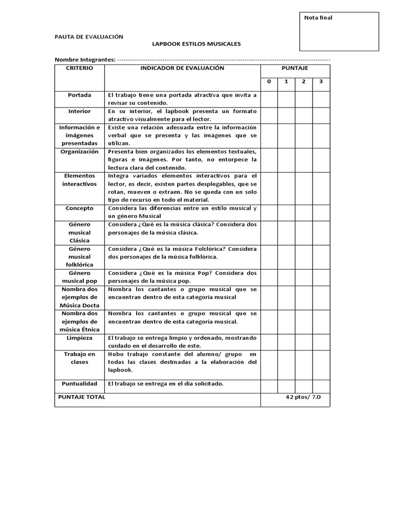PAUTA DE EVALUACIÓN LAPBOOK | PDF | Folklore PAUTA DE EVALUACIÓN LAPBOOK | PDF | Folklore