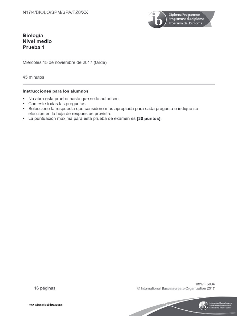 Nov 2017 Español IB BIOLOGIA PRUEBA 1 | PDF