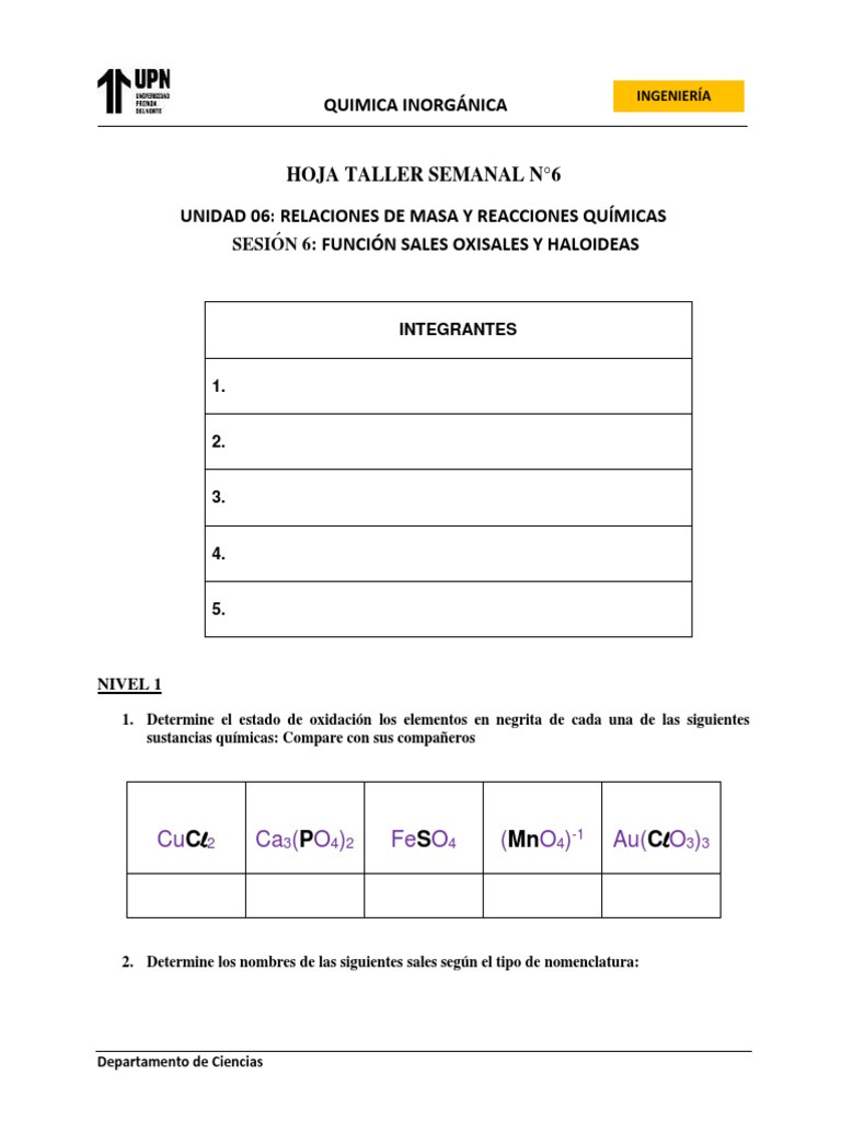 Hoja Taller Grupal #6 Sales Oxisales y Haloideas | PDF | Sal (química) | Carbonato de sodio