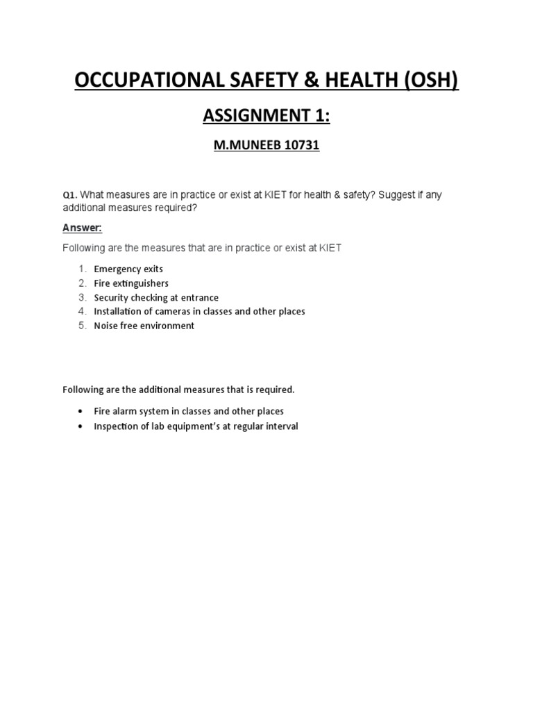Occupational Safety & Health (Osh) : Assignment 1 | PDF