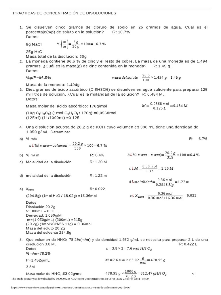 Practica Concentraci N de Soluciones 2021 | PDF | Concentración | Materiales