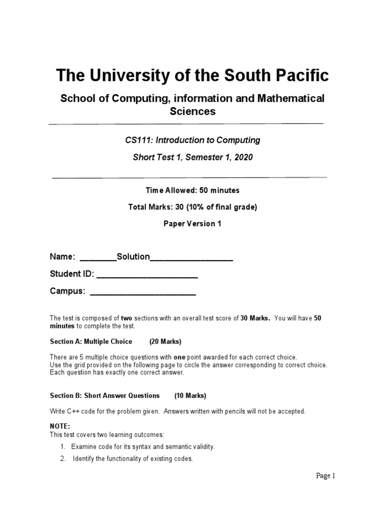 Test 1 CS111 Solution Ver 1 | PDF | Compiler | Control Flow