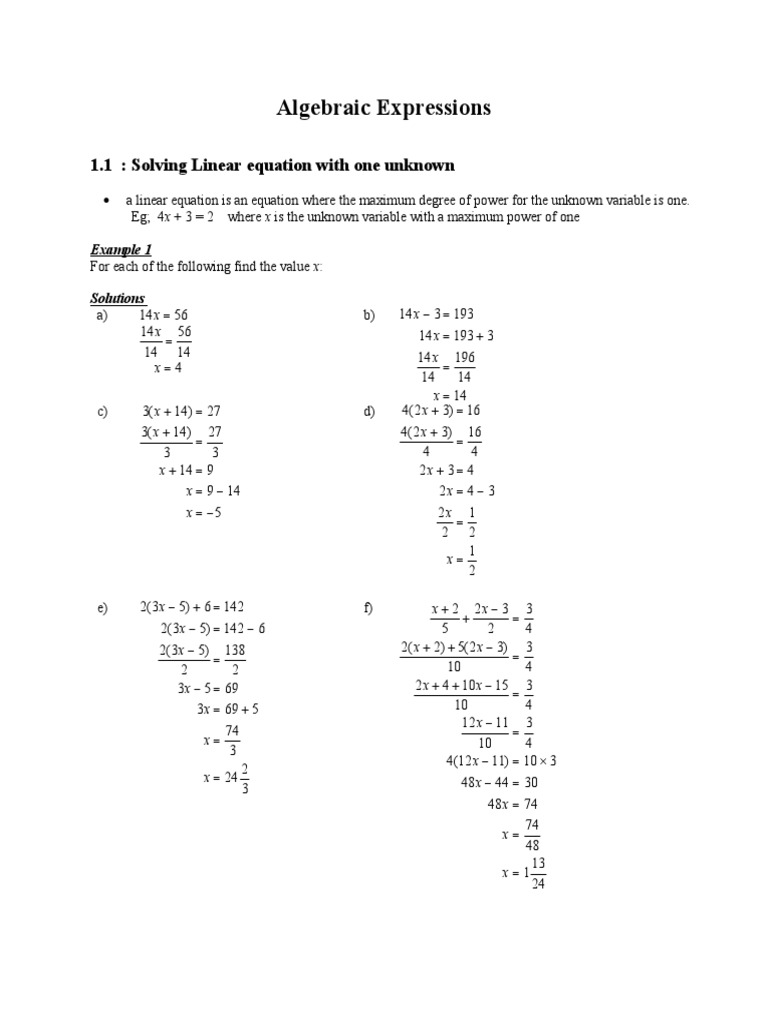 Algebraic Expressions: 1.1: Solving Linear Equation With One Unknown ...