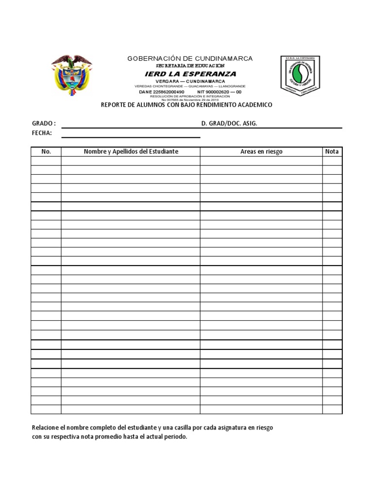 10 Formato Reporte de Estudiantes Con Bajo Rendimiento | PDF