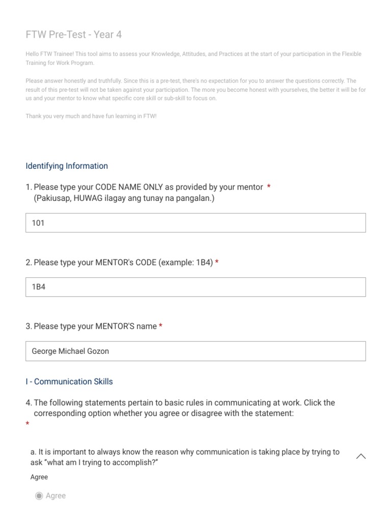 FTW Pre-Test - Year 4 | PDF | Communication | Mentorship