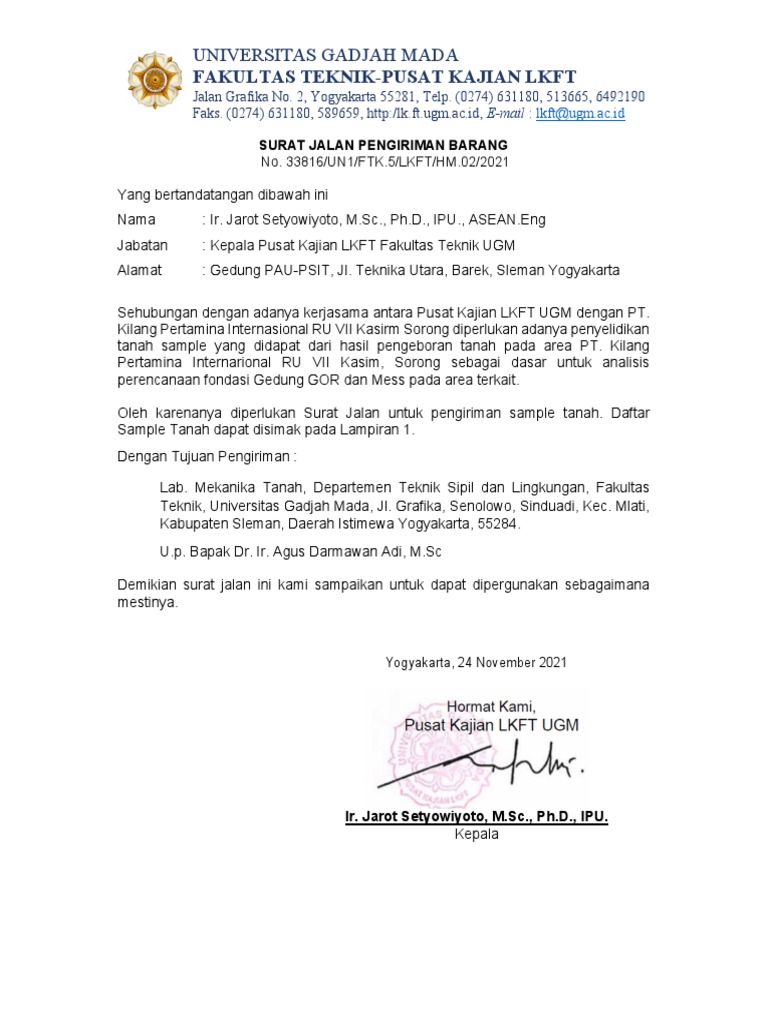 Surat Jalan Pengiriman Sample Tanah | PDF | Sains & Matematika