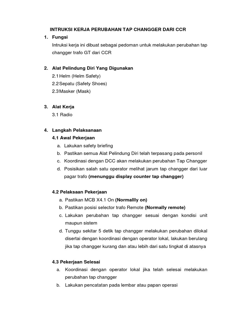 Intruksi Kerja Perubahan Tap Changger Dari CCR | PDF
