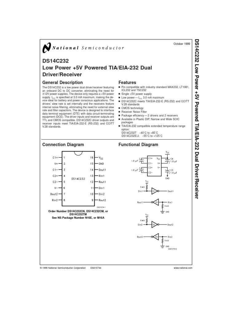 DS14C232 Low Power +5V Powered TIA/EIA-232 Dual Driver/Receiver | PDF | Physical Quantities ...