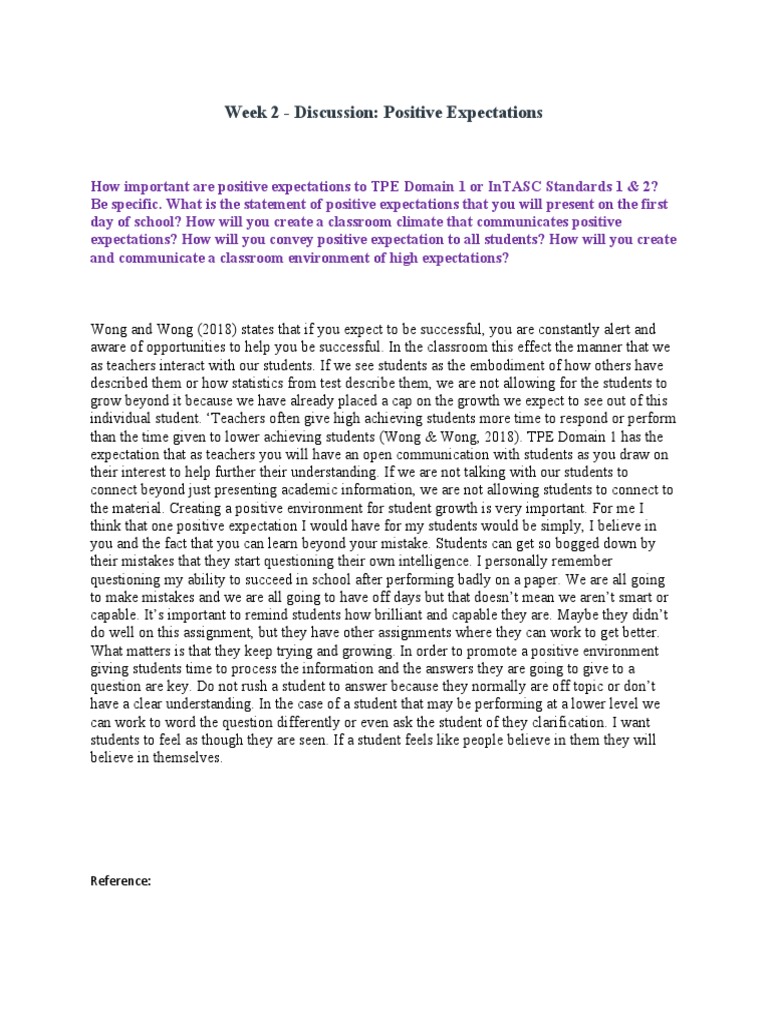 EDU62360 - Week 2 - Discussion - Positive Expectations | PDF | Teachers ...