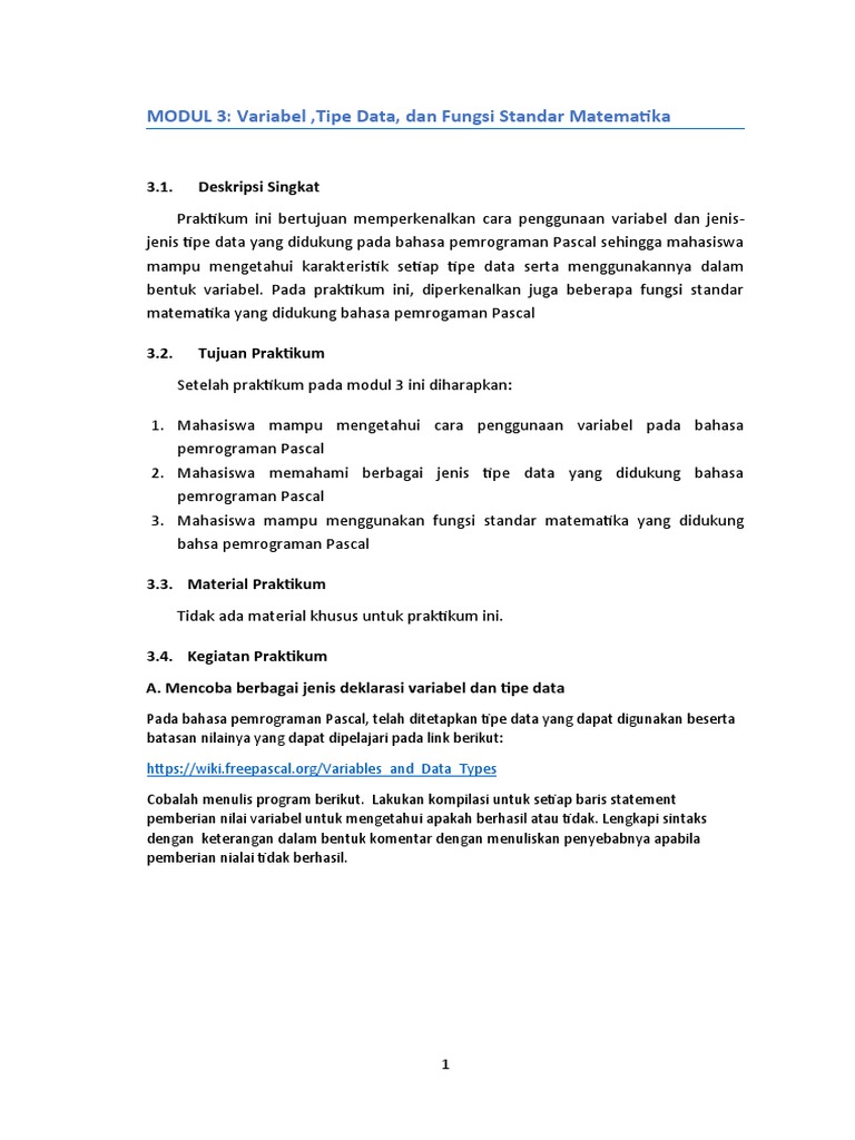 Variabel, Tipe Data, Dan Fungsi Standar Matematika | PDF