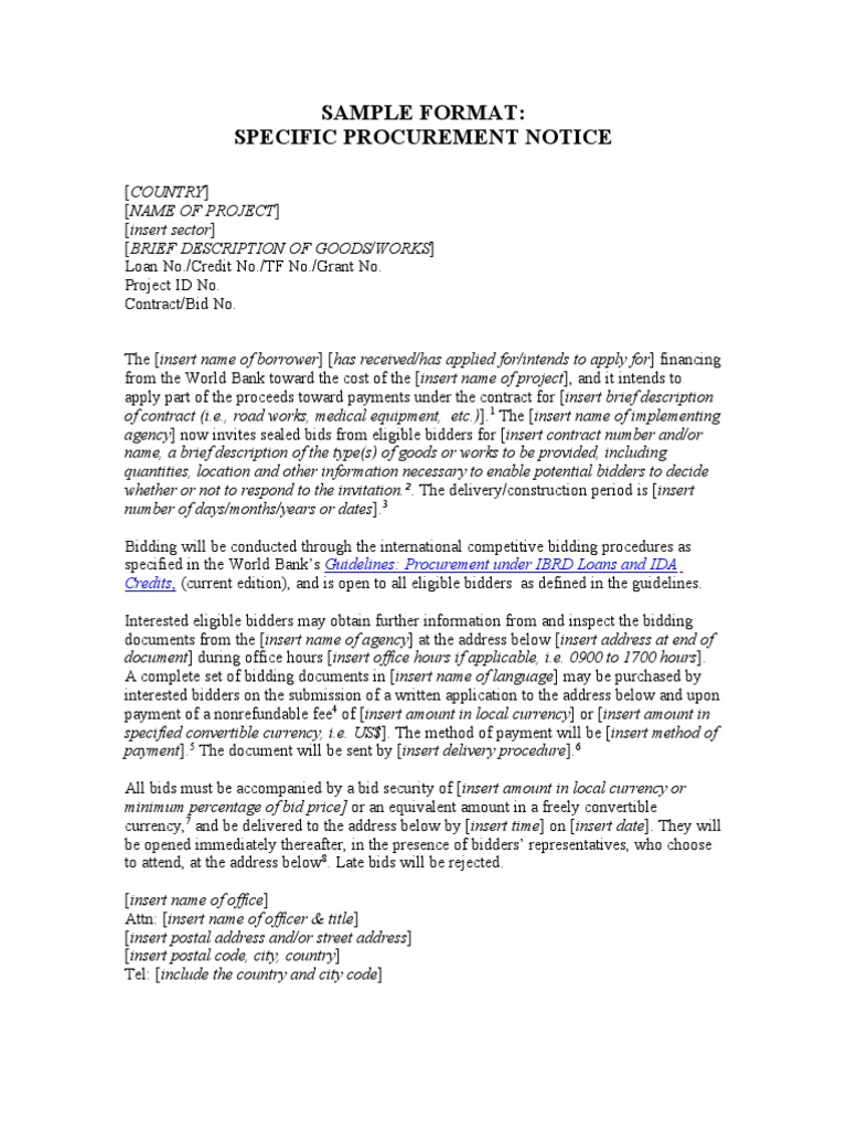 Sample Format: Specific Procurement Notice: Guidelines: Procurement ...