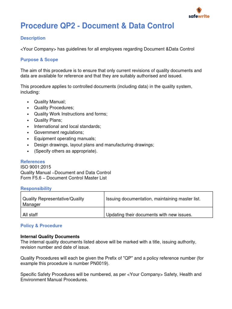 Procedure QP2 Document Data Control | PDF