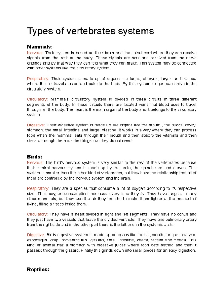 Types of Vertebrates Systems | PDF | Human Body | Circulatory System