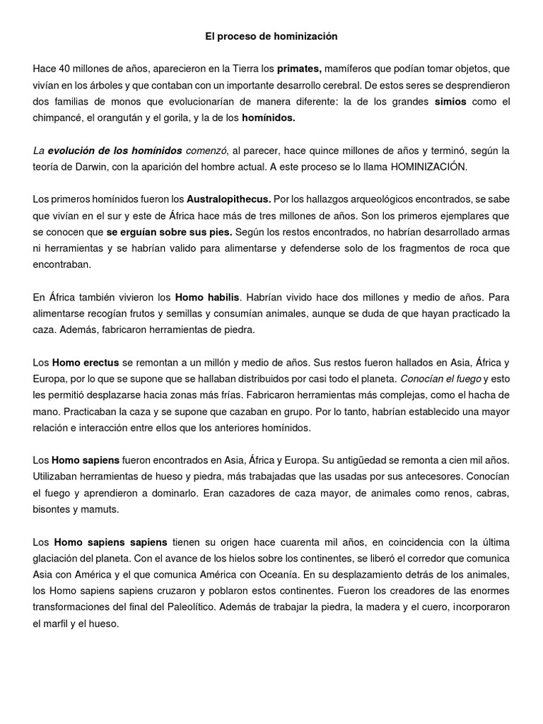 Lectura - El Proceso de Hominización | PDF | Evolución humana | Homo