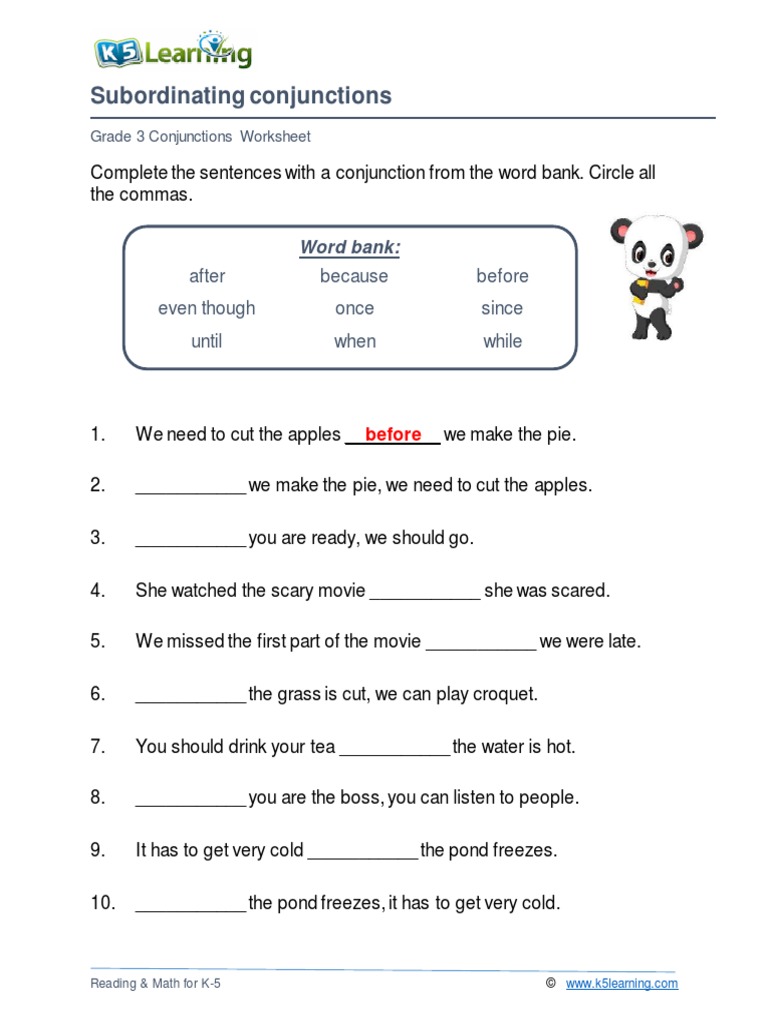Subordinating Conjunctions Worksheet 2 | PDF