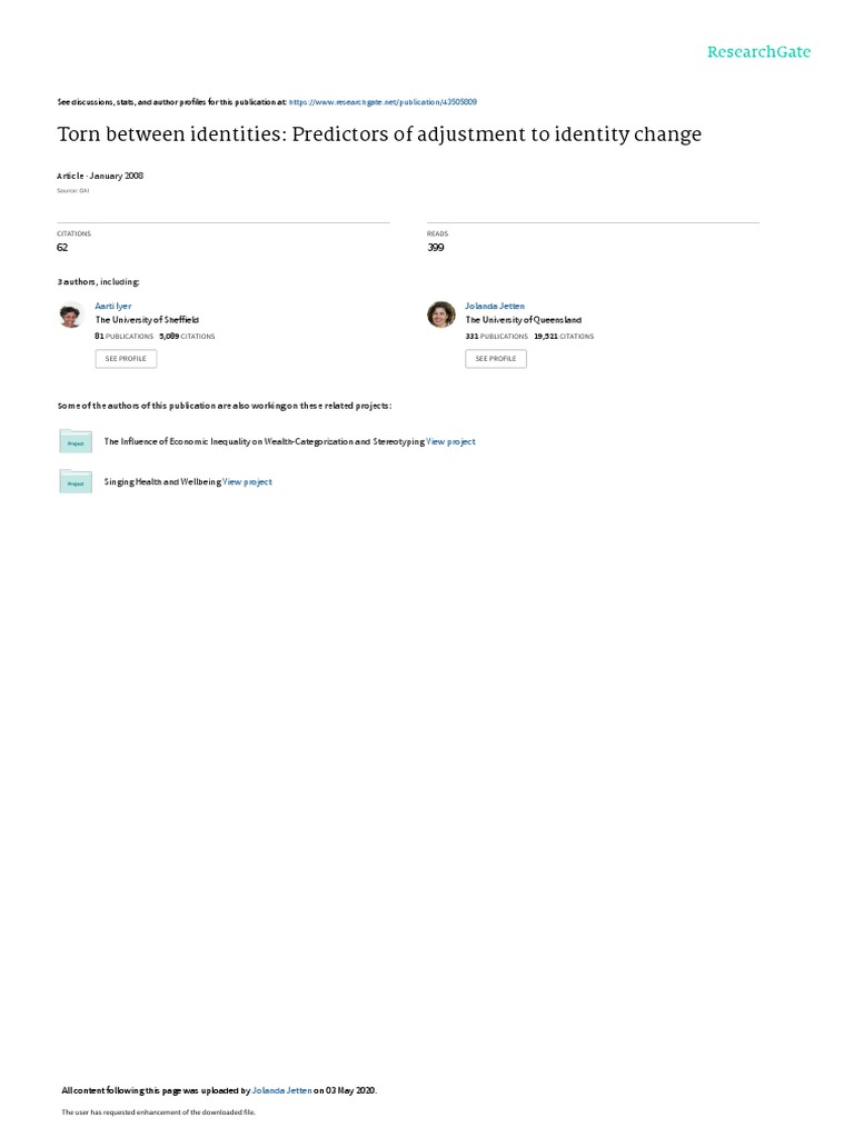 Torn Between Identities: Predictors of Adjustment To Identity Change | PDF