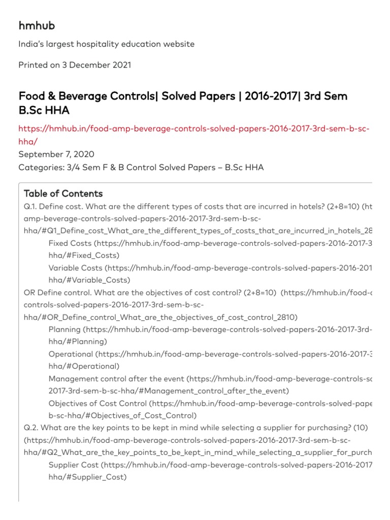 Food & Beverage Controls - Solved Papers - 2016-2017 - 3rd Sem B.SC HHA - Hmhub - Perfect ? Hub ...