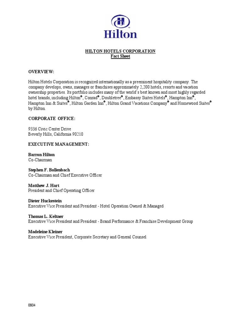 Hilton Hotels Corporation Fact Sheet | PDF | Hilton Worldwide | Hotel