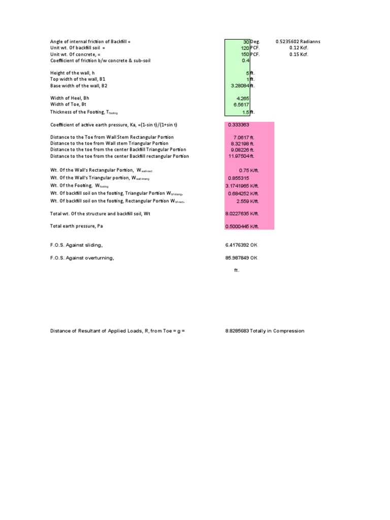 Retaining Wall-Masonry Design and Calculation Spreadsheet | PDF ...