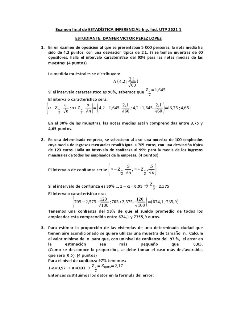 Examen Final de Estadística Inferencial Utp 2021 1 | PDF