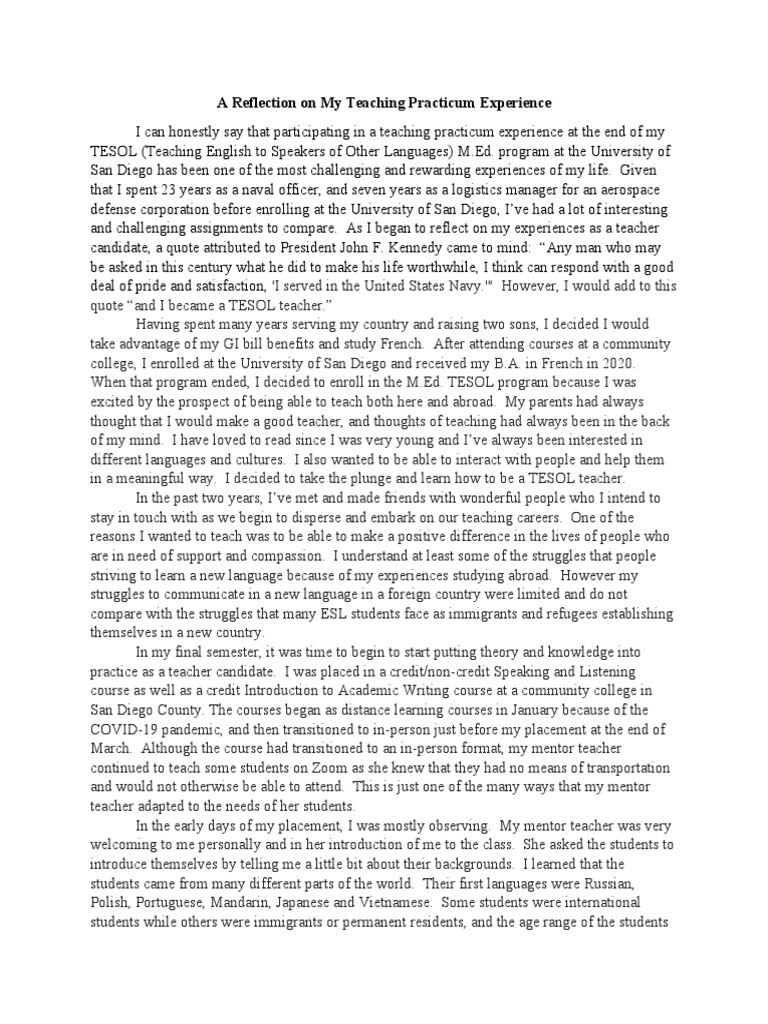 A Reflection On My Teaching Practicum Experience | PDF | English As A ... A Reflection On My Teaching Practicum Experience | PDF | English As A ...