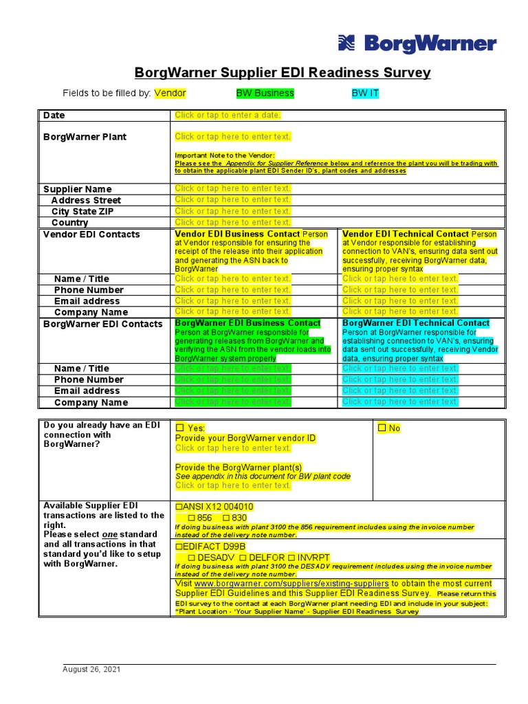 Borgwarner Supplier Edi Readiness Survey: Fields To Be Filled By ...