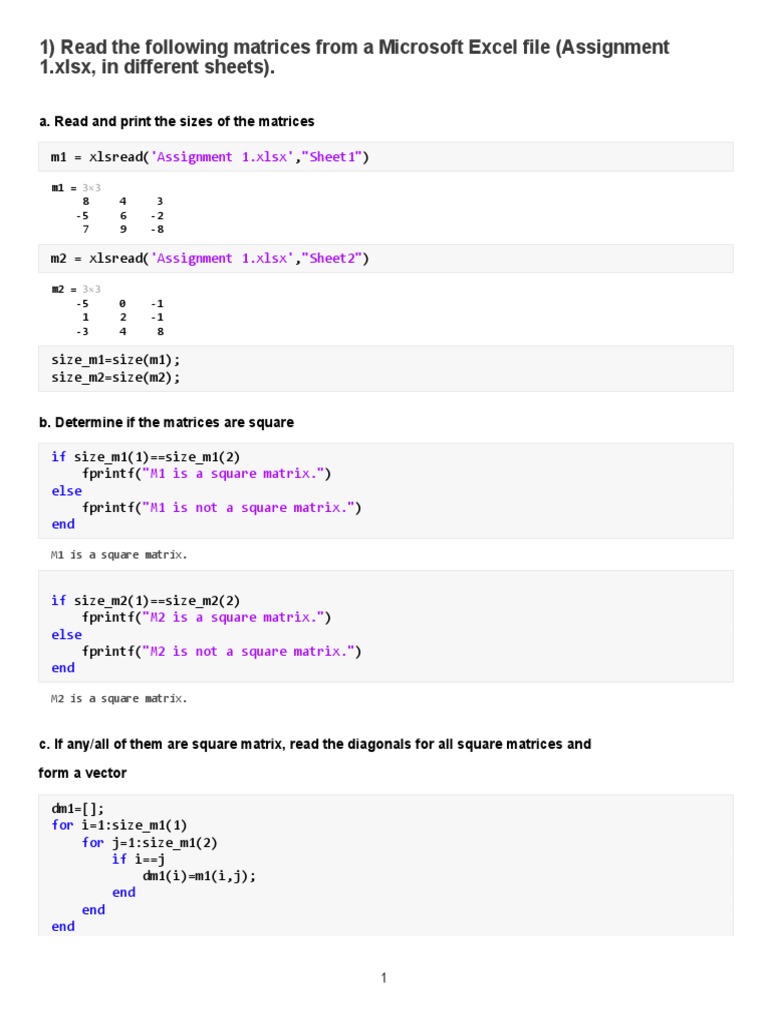 1) Read The Following Matrices From A Microsoft Excel File (Assignment 1.xlsx, in Different ...