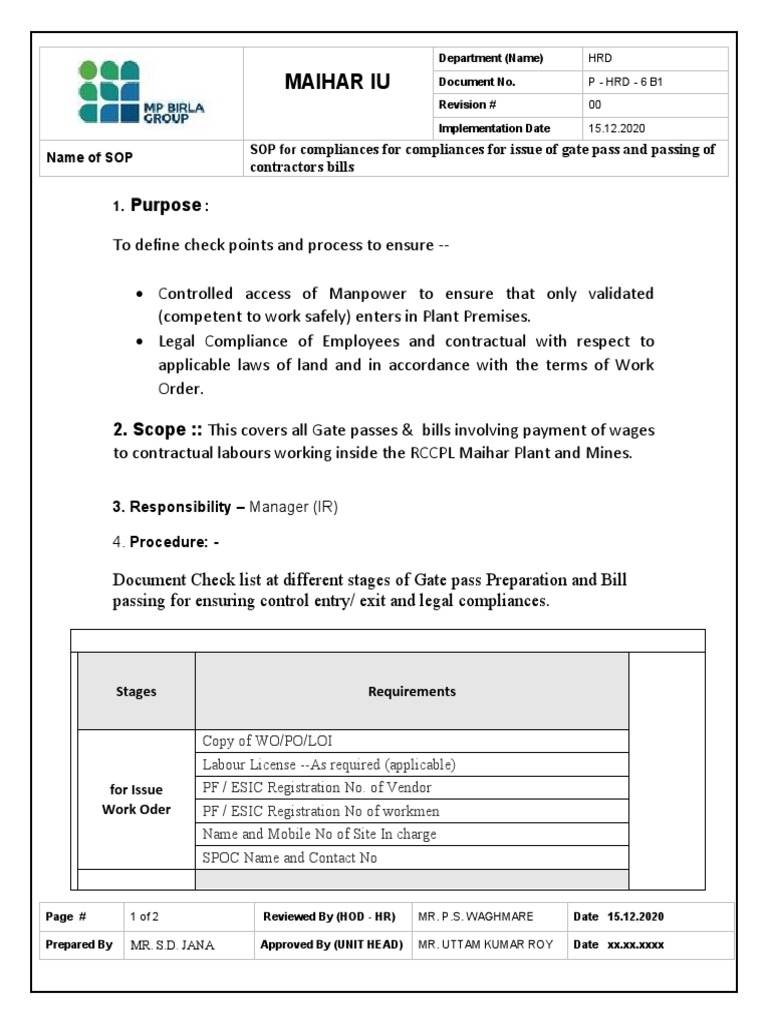 SOP for compliances for compliances for issue of gate pass and passing ...