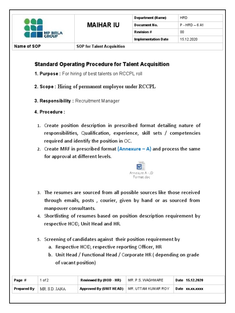 SOP for Talent Acquisition Process | PDF | Business | Computing