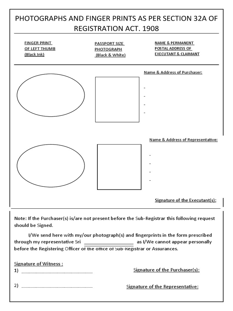Photographs and Finger Prints As Per Section 32a of Registration Act | PDF