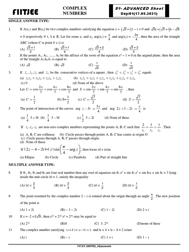 Fiitjee: Complex Numbers | PDF | Line (Geometry) | Euclidean Plane Geometry