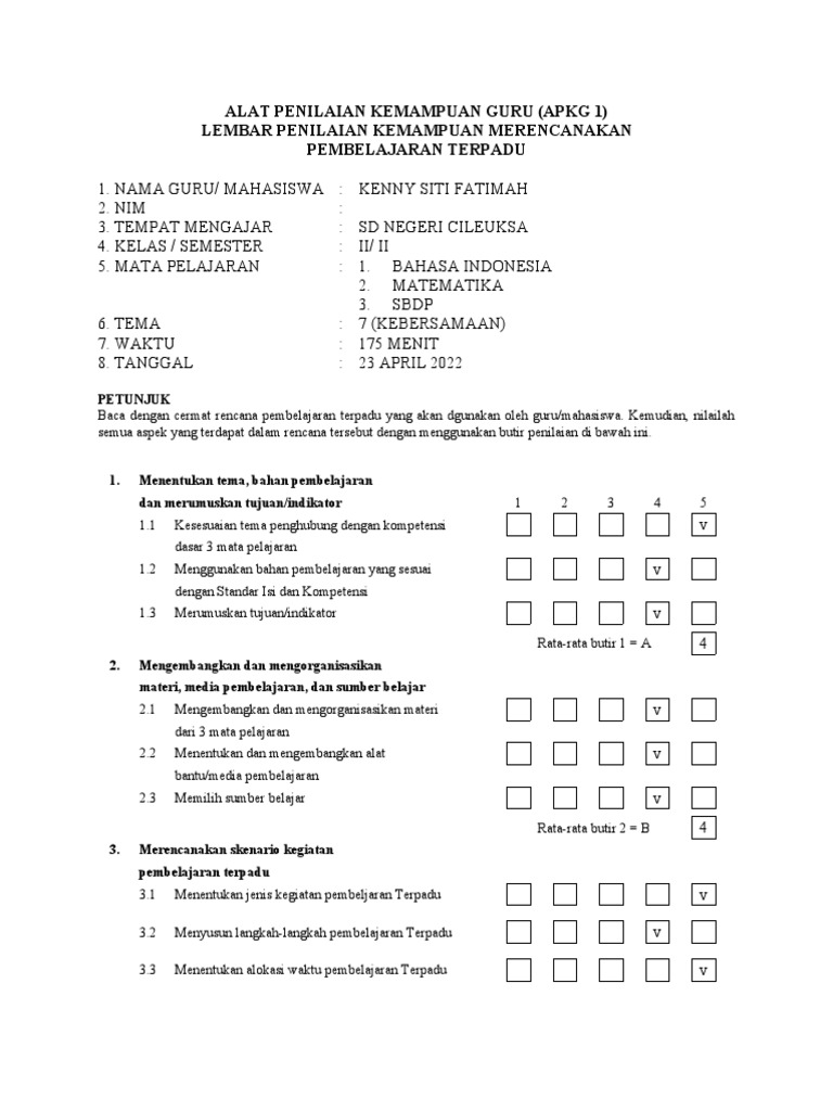 APKG 1 Dan 2 Pembelajaran Terpadu Ceklis | PDF