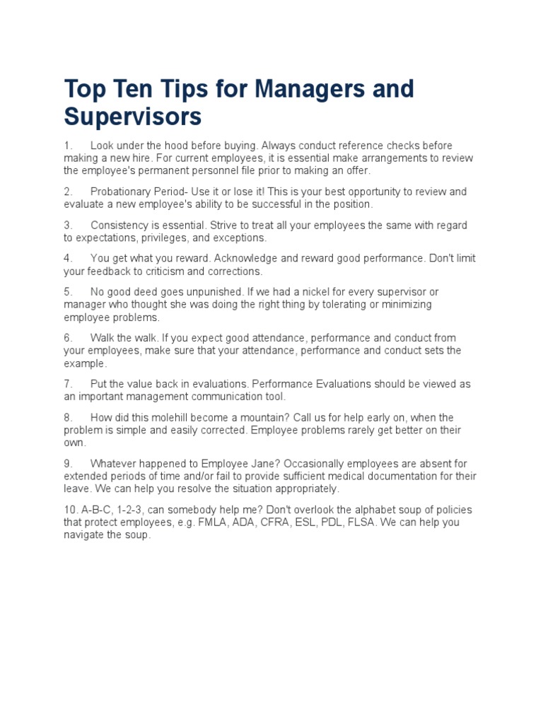 Top Ten Tips For Managers and Supervisors | PDF | Business | Self ...