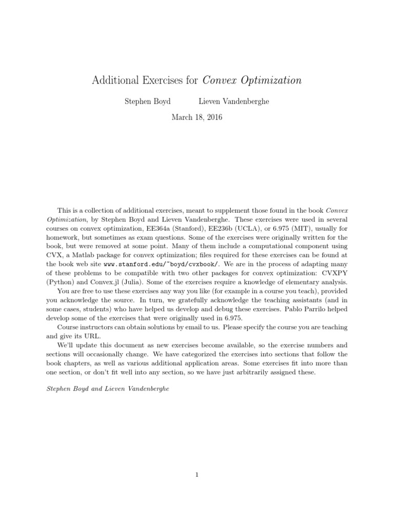 Additional Exercises For Convex Optimization With Solutions Draftnbsped ...