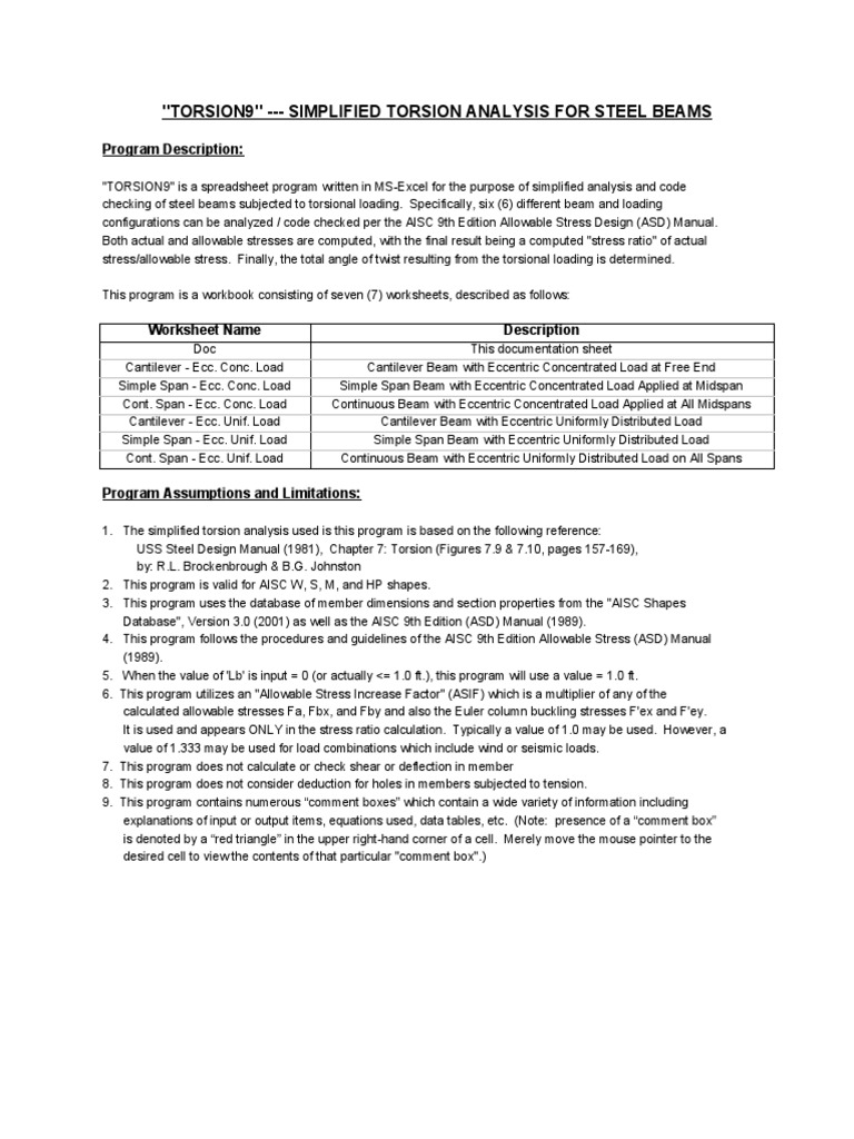 "Torsion9" - Simplified Torsion Analysis For Steel Beams: Program ...