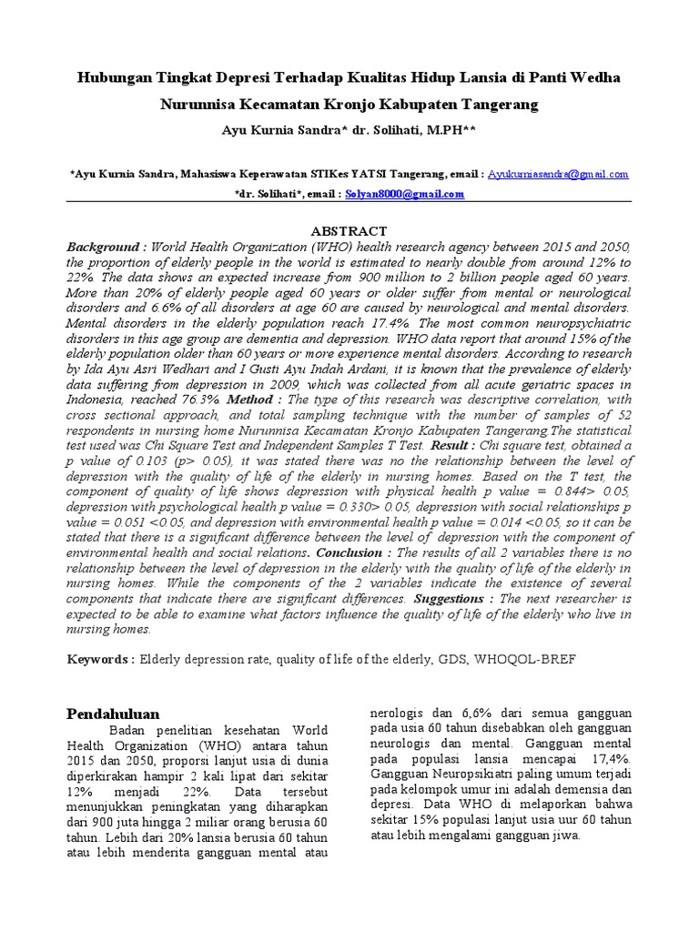 Hubungan Tingkat Depresi Terhadap Kualitas Hidup Lansia Di Panti Wedha Nurunnisa Kecamatan ...