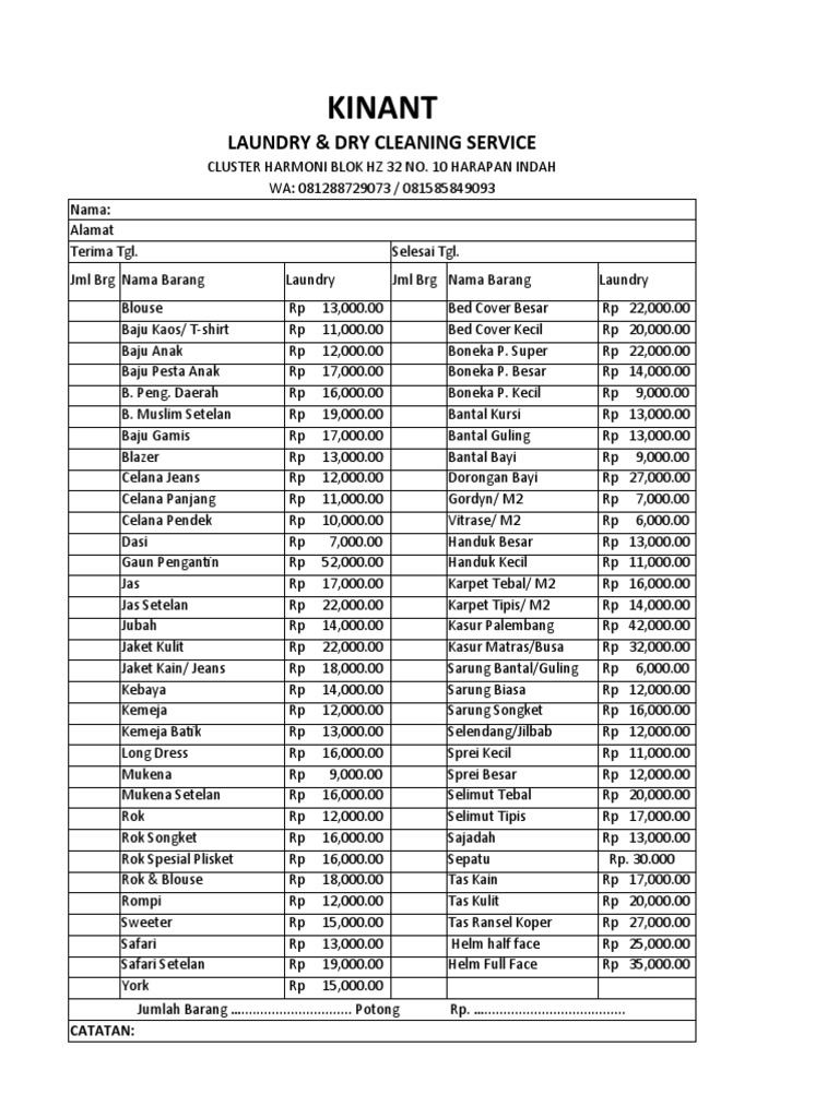 Price List Laundry | PDF