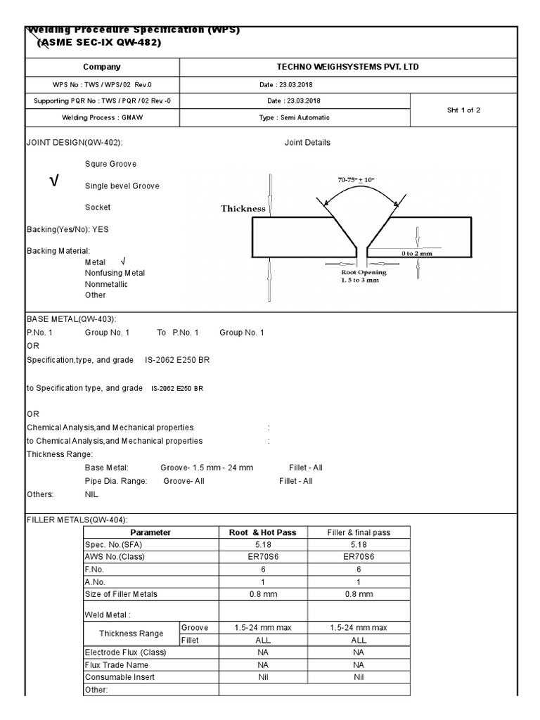Welding Procedure Specification (WPS) (ASME SEC-IX QW-482) : Company Techno Weighsystems Pvt ...