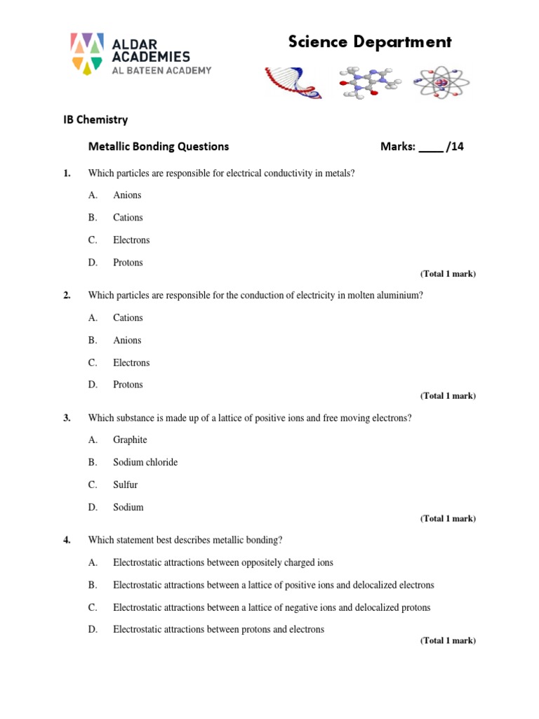 Science Department: IB Chemistry Metallic Bonding Questions Marks ...